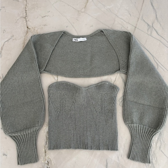 Zara | Sweaters | Zara Sage Green Ribbed Women Bustier Shrugsweater Set ...